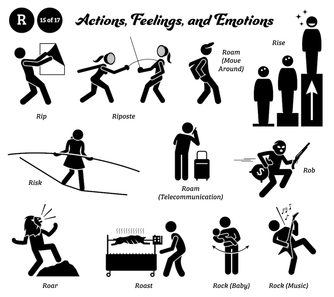 Stick Figures Man People Stickman Silhouette Action Verbs R Vector SVG ...