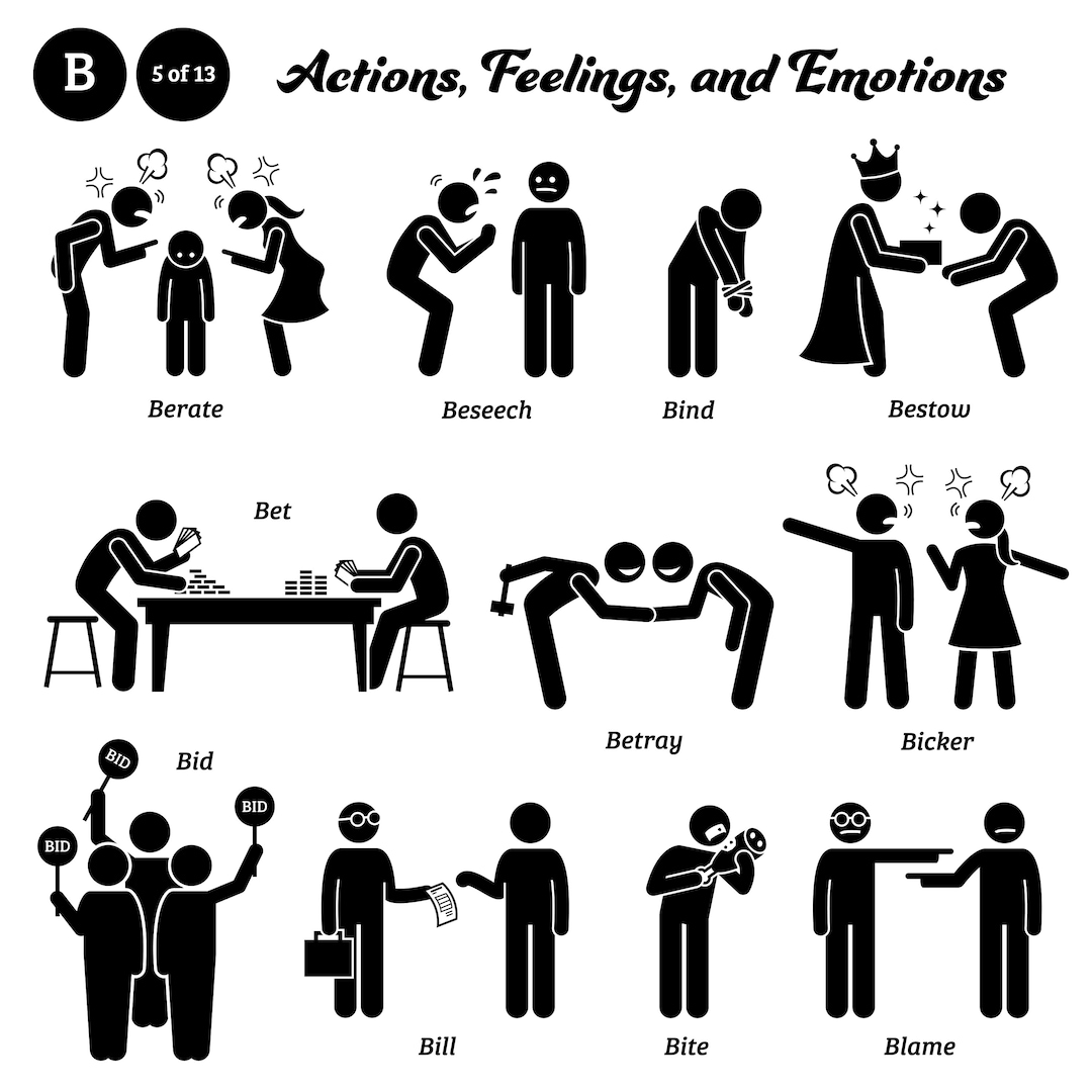 Stick Figures Man People Stickman Silhouette Action Verbs B Vector SVG ...