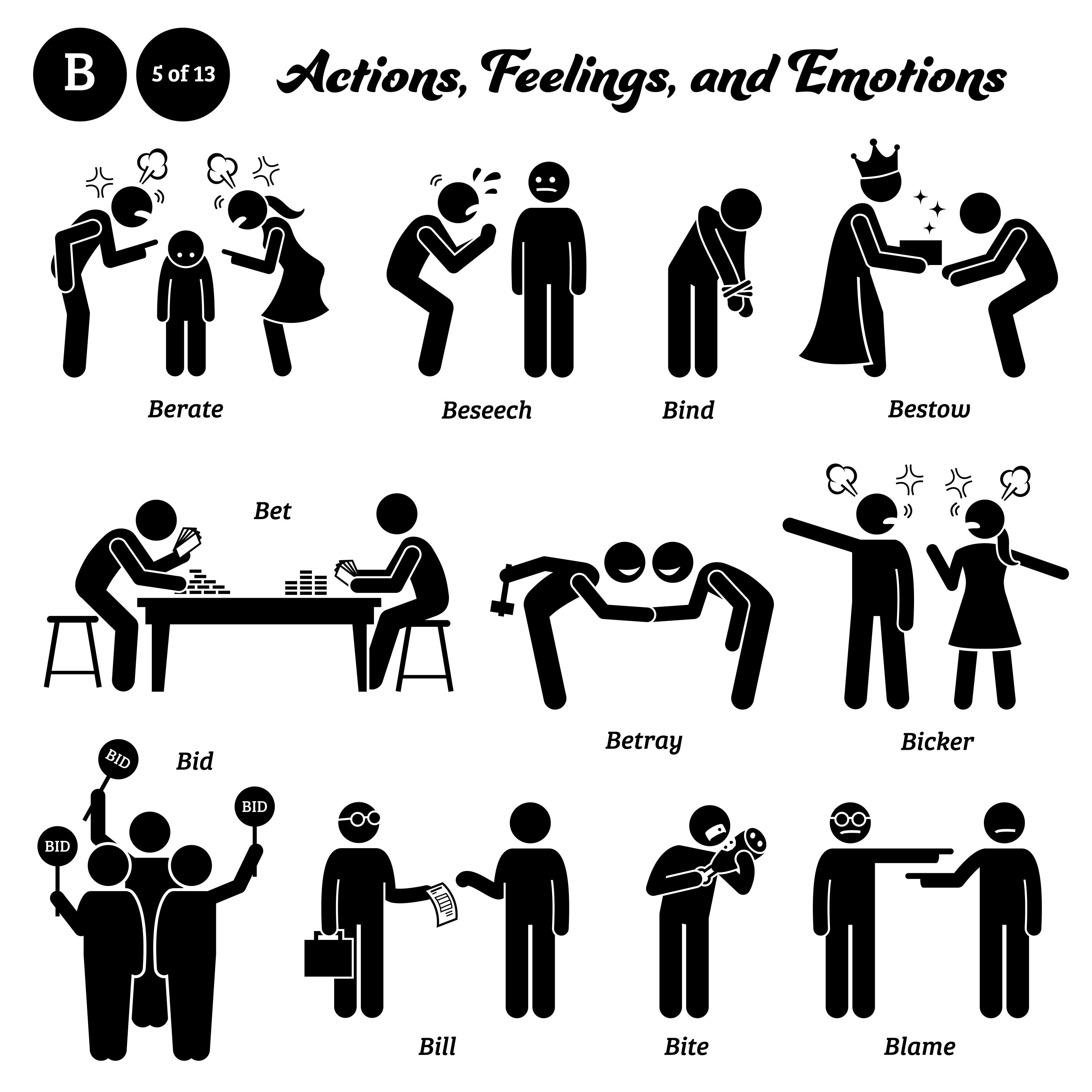 Stick Figures Man People Stickman Silhouette Action Verbs B Vector SVG ...