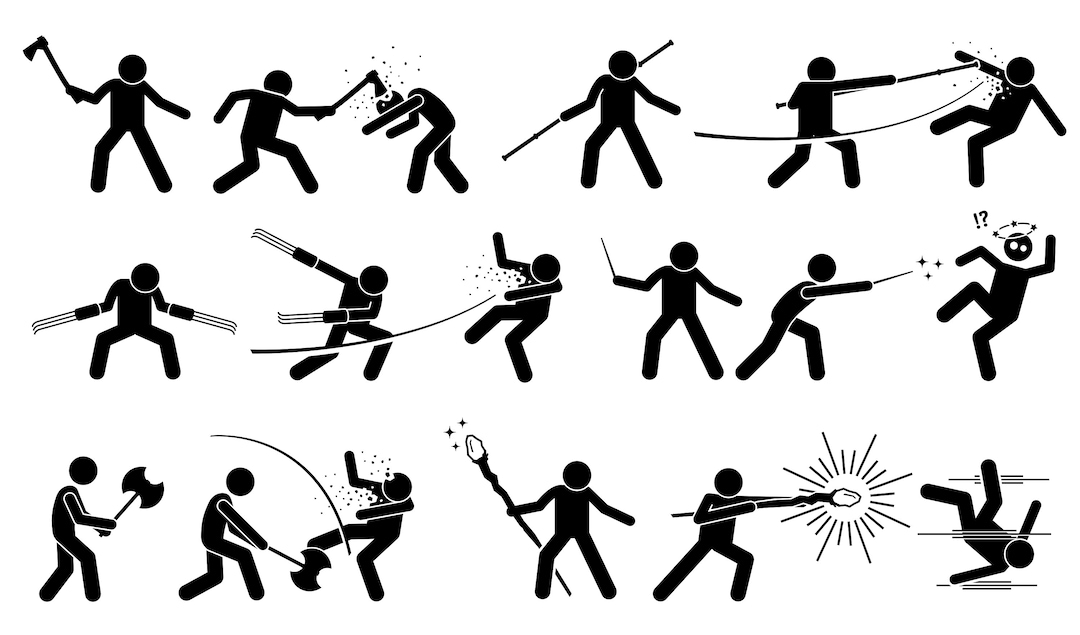 Fantasy Cartoon Character Stick Figures Fight Fighting Weapons Magic ...