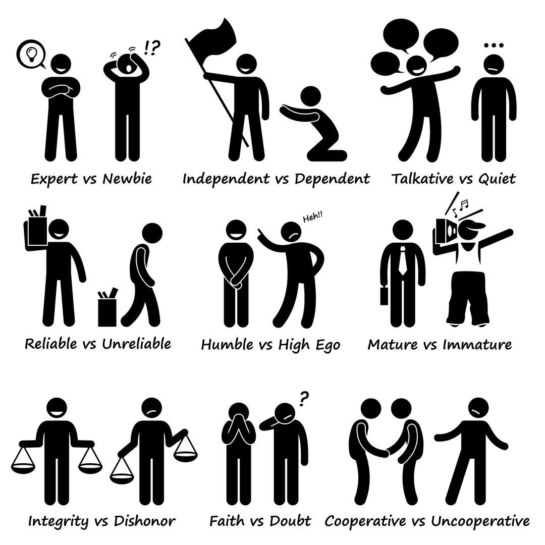 Human Opposite Behavior Positive Negative Bad Good Personality Character Traits Stick Figure ...