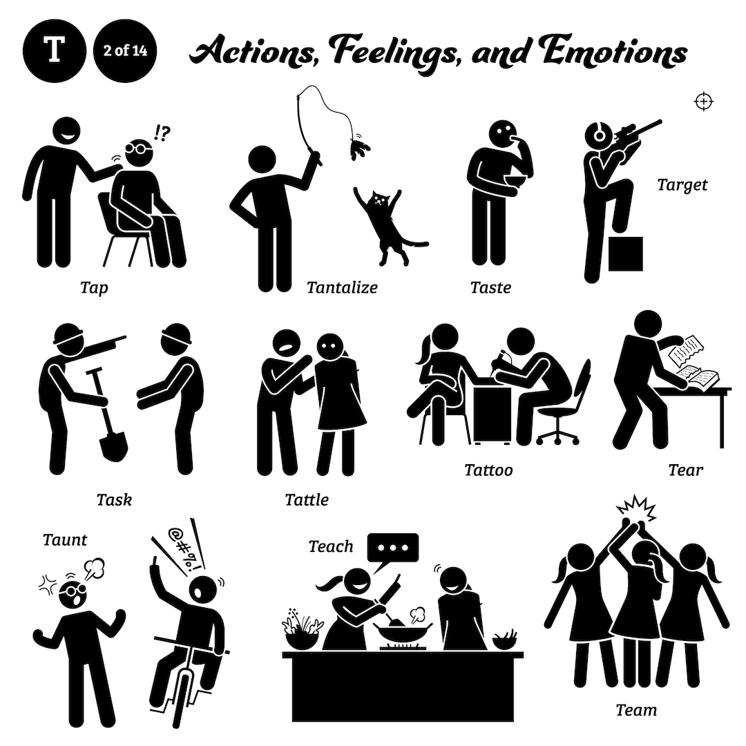 Stick Figures Man People Stickman Silhouette Action Verbs T Vector SVG ...