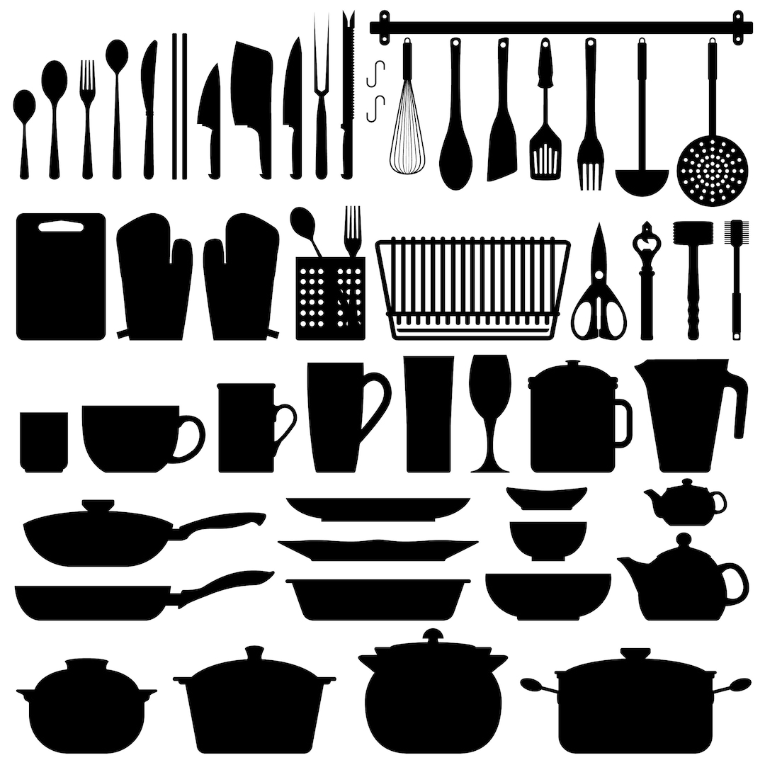Kitchen Silhouette, Cook Clipart, Food Vector Svg, Cooking Utensils ...
