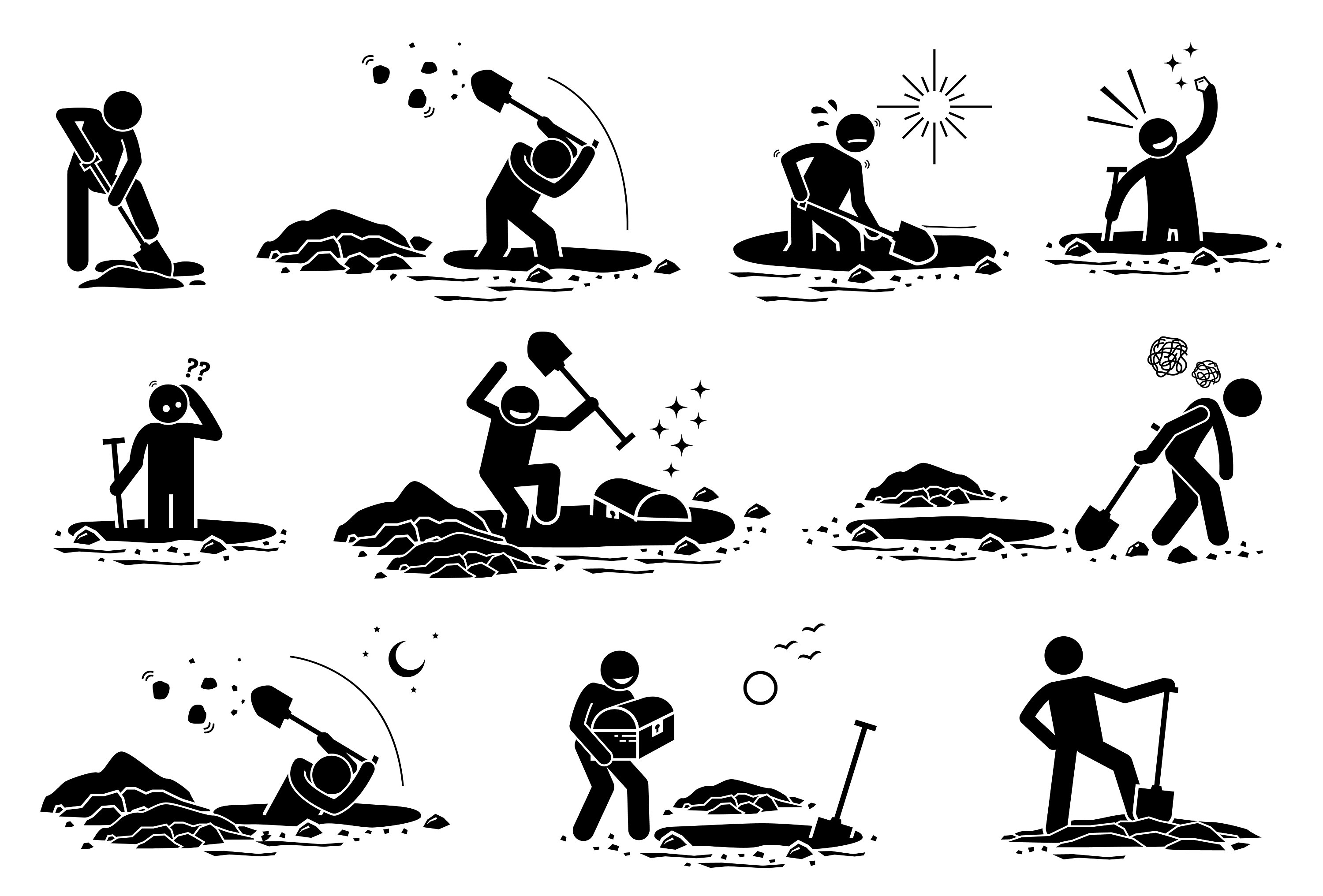 Stick Figure Stickman Man Digging a Hole Finding Searching Found ...