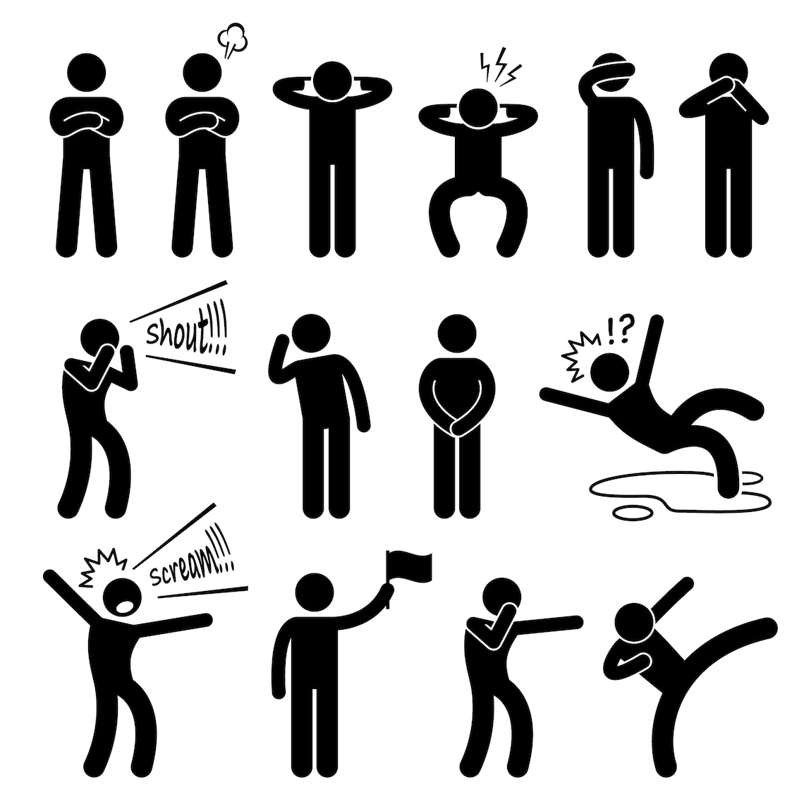 Stick Figure Human Action Poses Punch Kick Postures Refuse Listen Cover ...