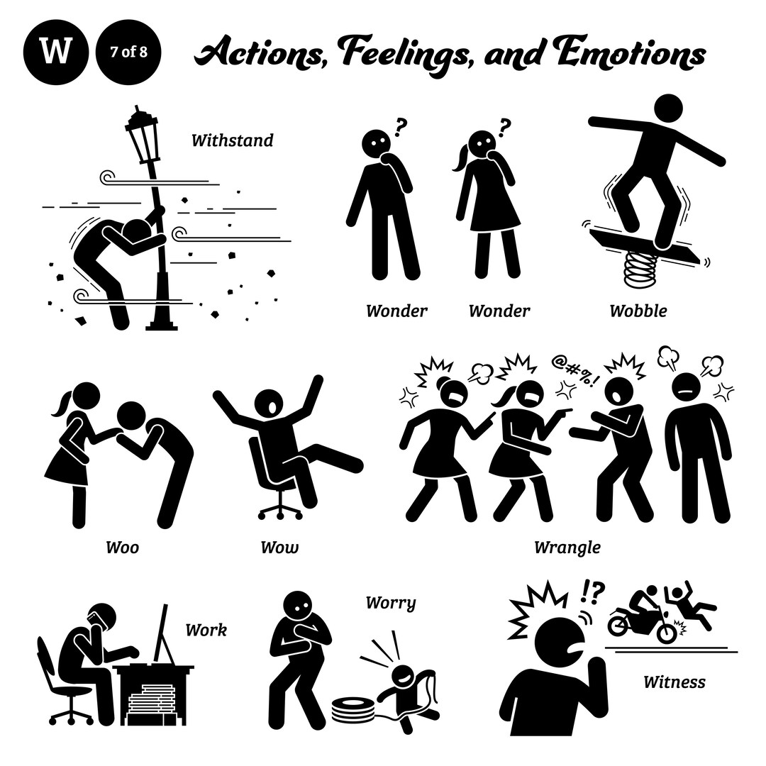 Stick Figures Man People Stickman Silhouette Action Verbs W Vector SVG ...