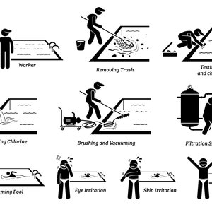 Worker Clean Cleaning Swim Swimming Pool Service Trash Removal Testing ...