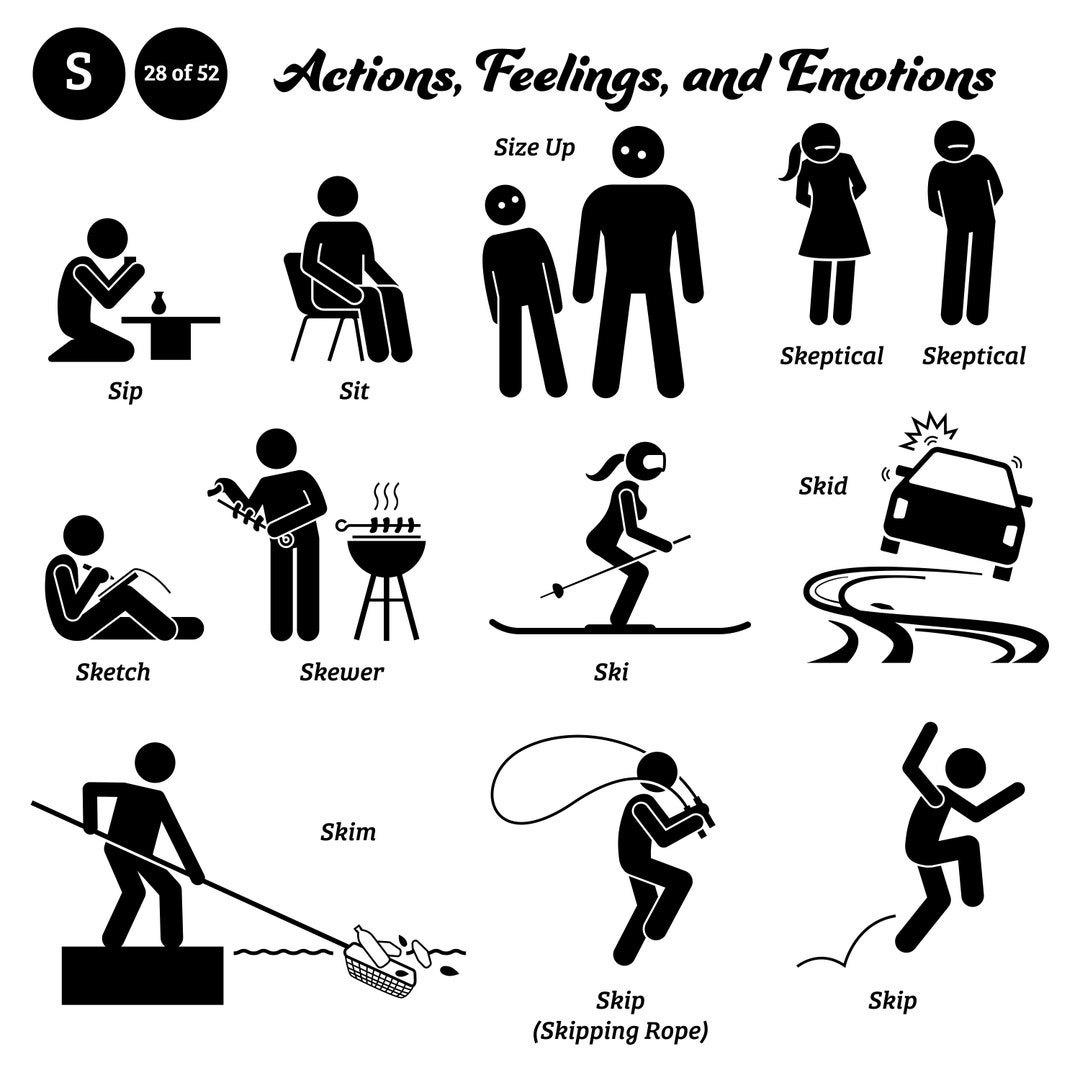 Stick Figures Man People Stickman Silhouette Action Verbs S Vector SVG ...