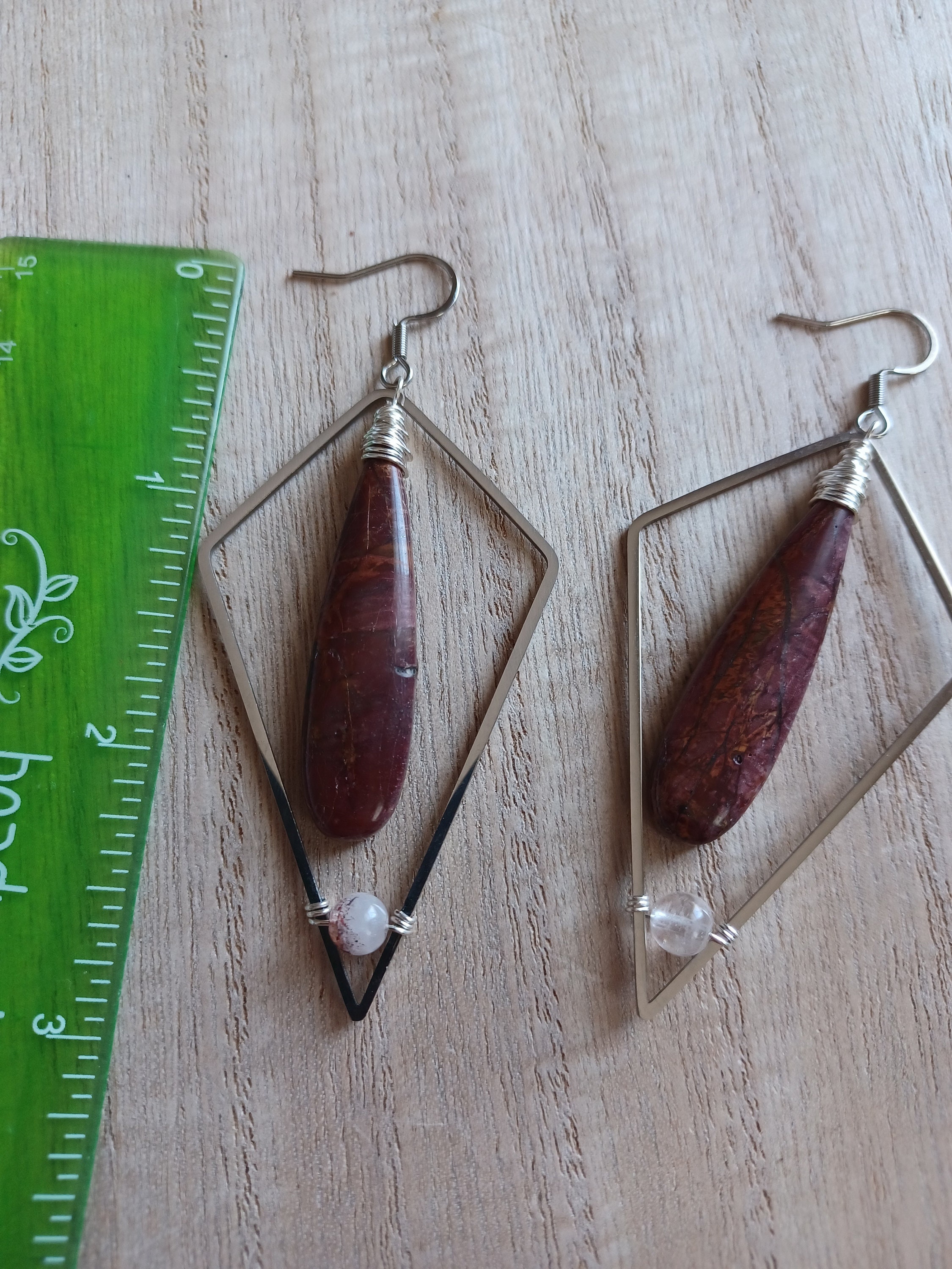 Red Creek Jasper Earrings Wrapped Teardrop Dangles Kite Shaped Ts