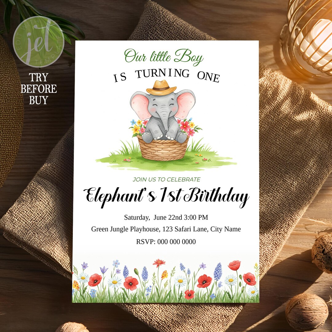 Elephant 1st Birthday Invitation, Watercolor, Boy, Editable (digital ...