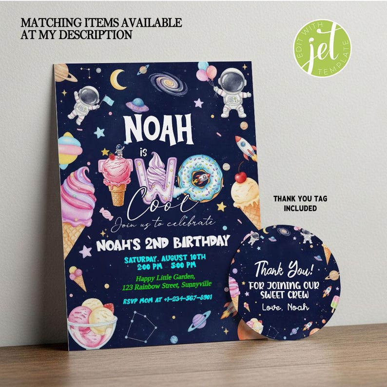 Editable Space Ice Cream Birthday Invitation, Galaxy Rocket 2nd ...