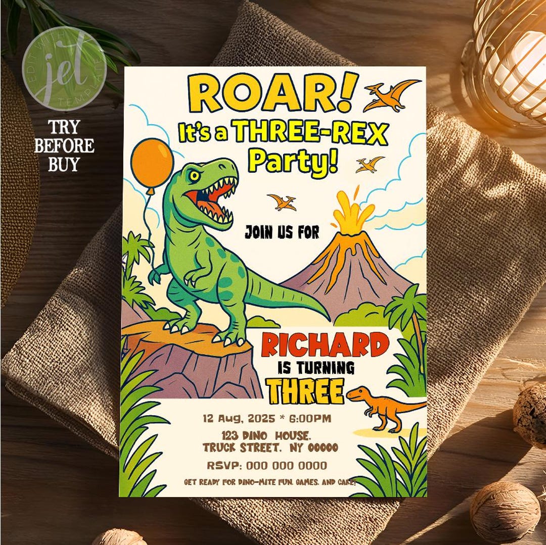 Editable Three-rex Birthday Invitation, T-rex 3RD Birthday Boy ...