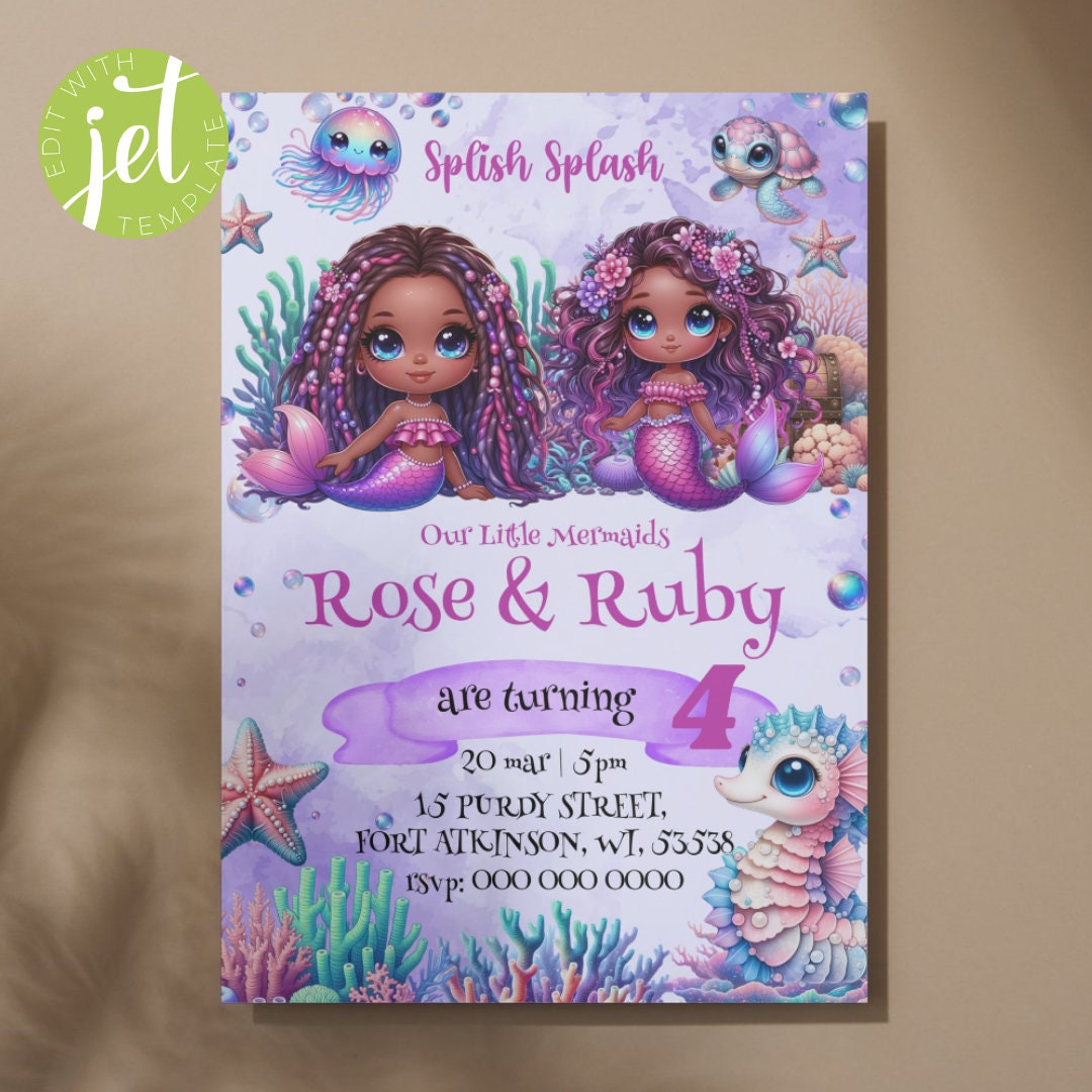 Twins Mermaids Birthday Invitation, Twins Girl Birthday Invitation ...
