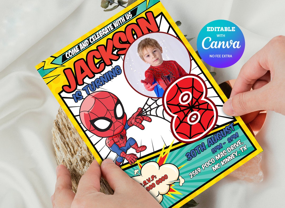 Editable Spider Man 8th Birthday Invitation With Photo Spider - Etsy