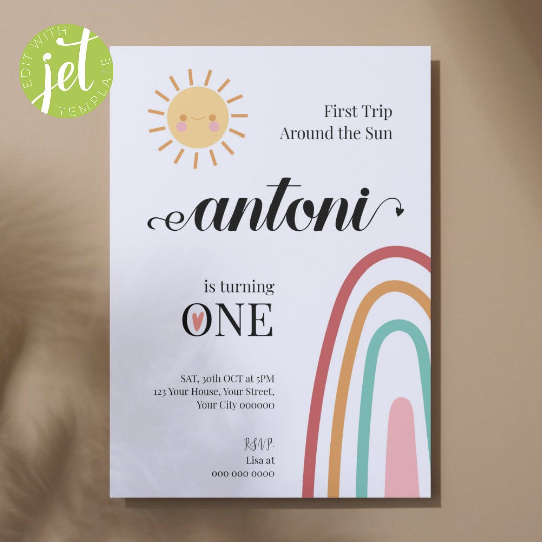 First Trip Around the Sun Invitation Editable, Sun Birthday Invite, Sun ...