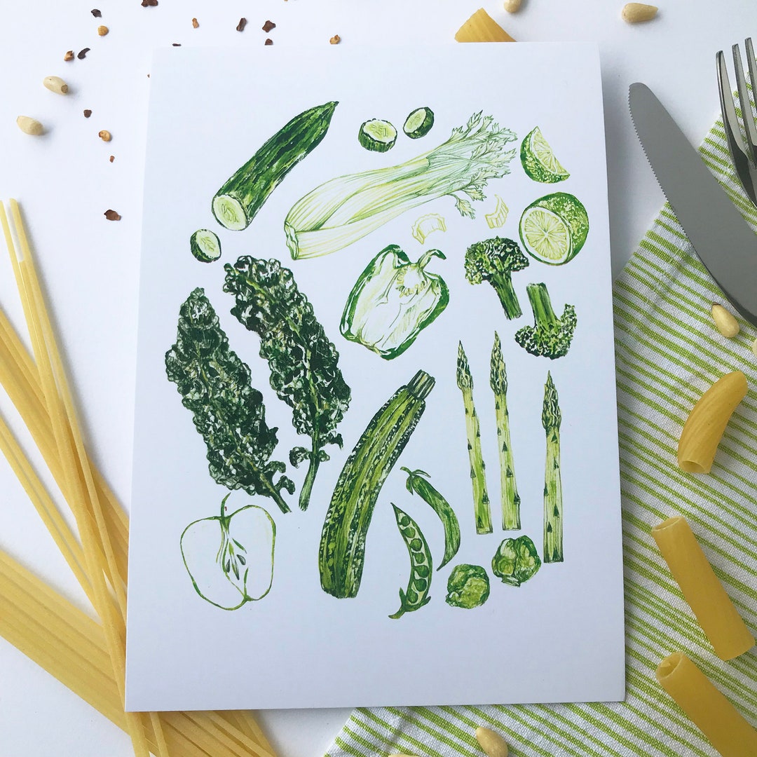 Fruit and Vegetable Art Print, Green Ingredients Artwork, A5 Postcard ...