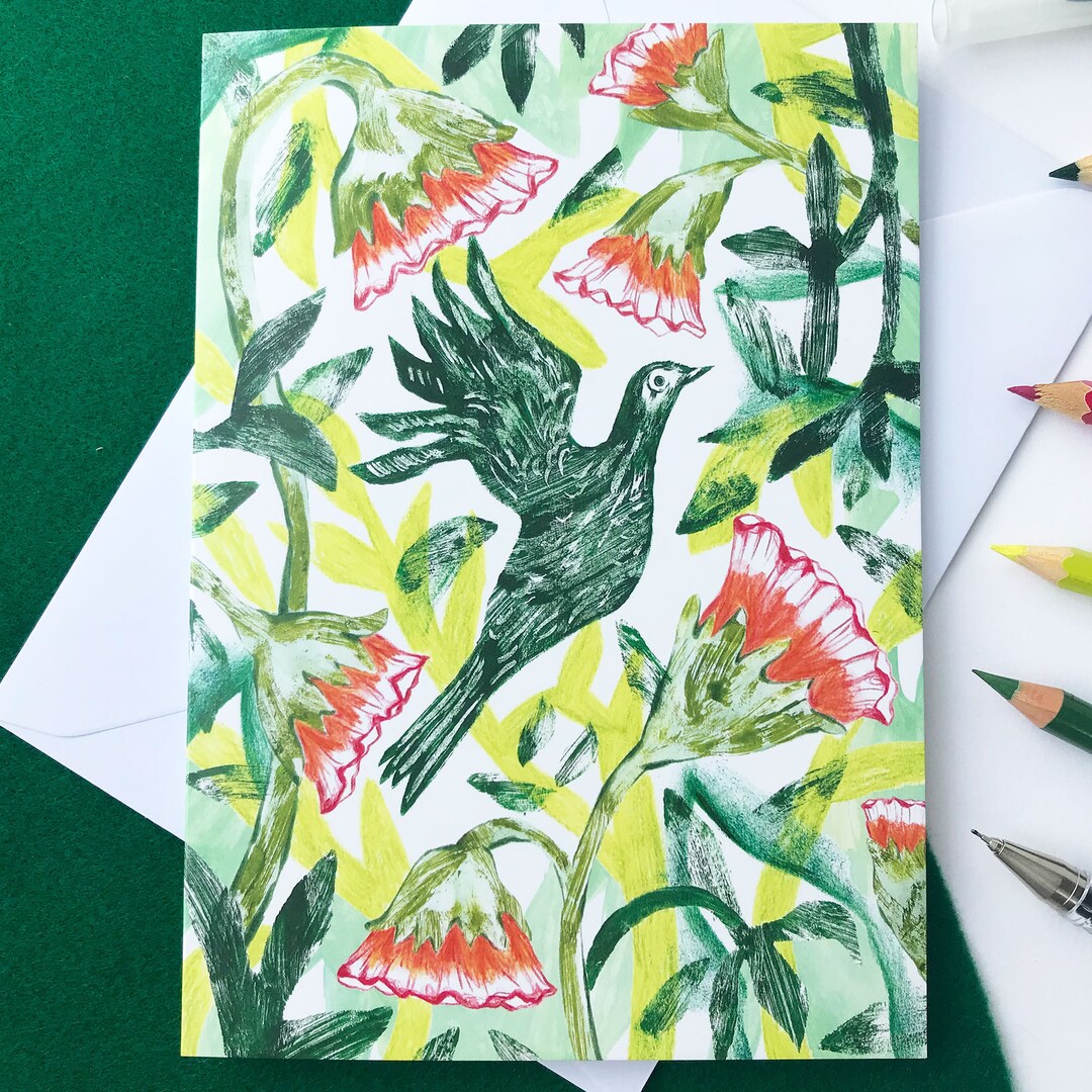 Flying Bird Greetings Card, Bird and Flowers Card, Decorative Greetings ...