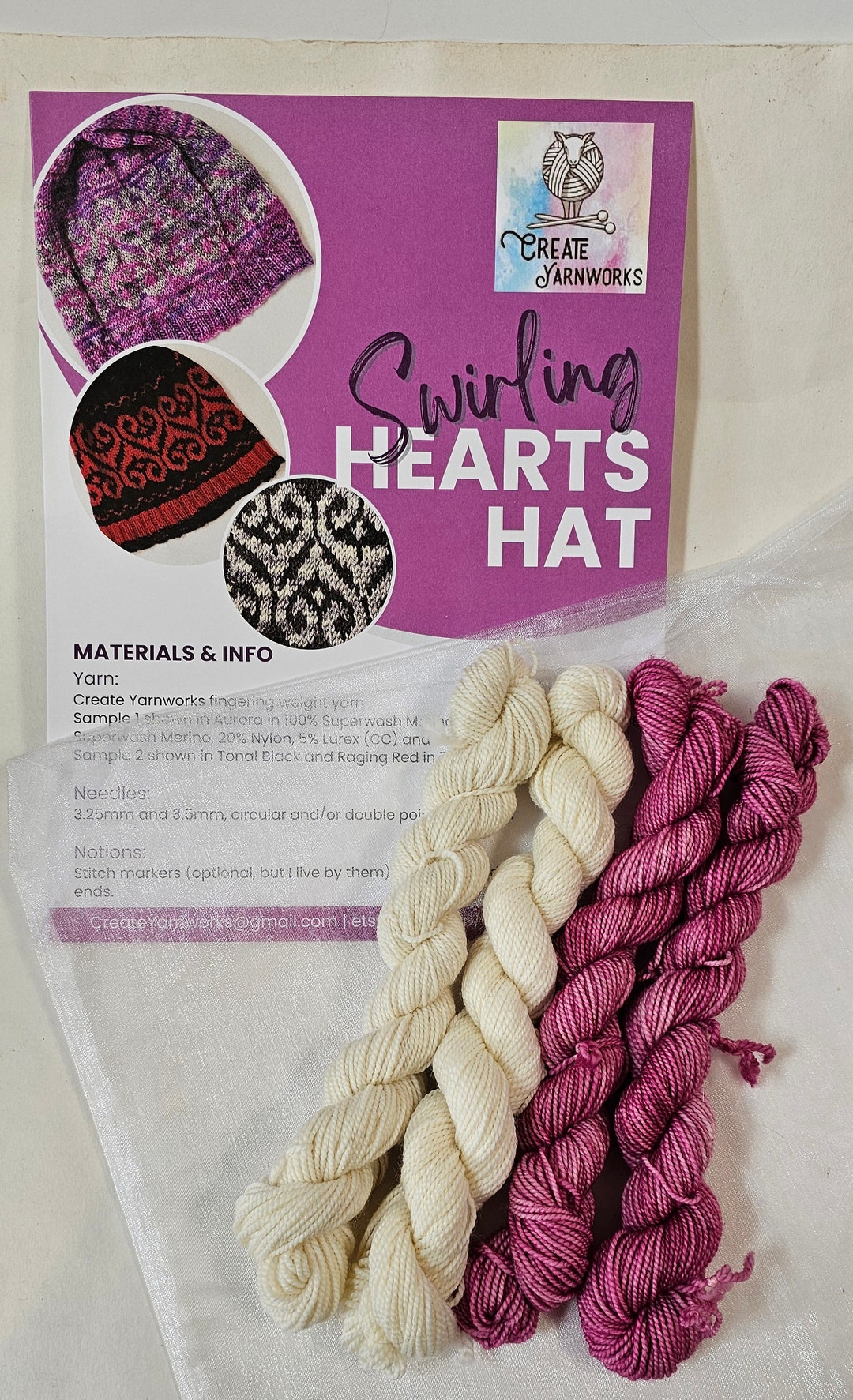 Swirling Hearts Knitted Hat Kit - Pattern and Yarn Included - Cream and ...