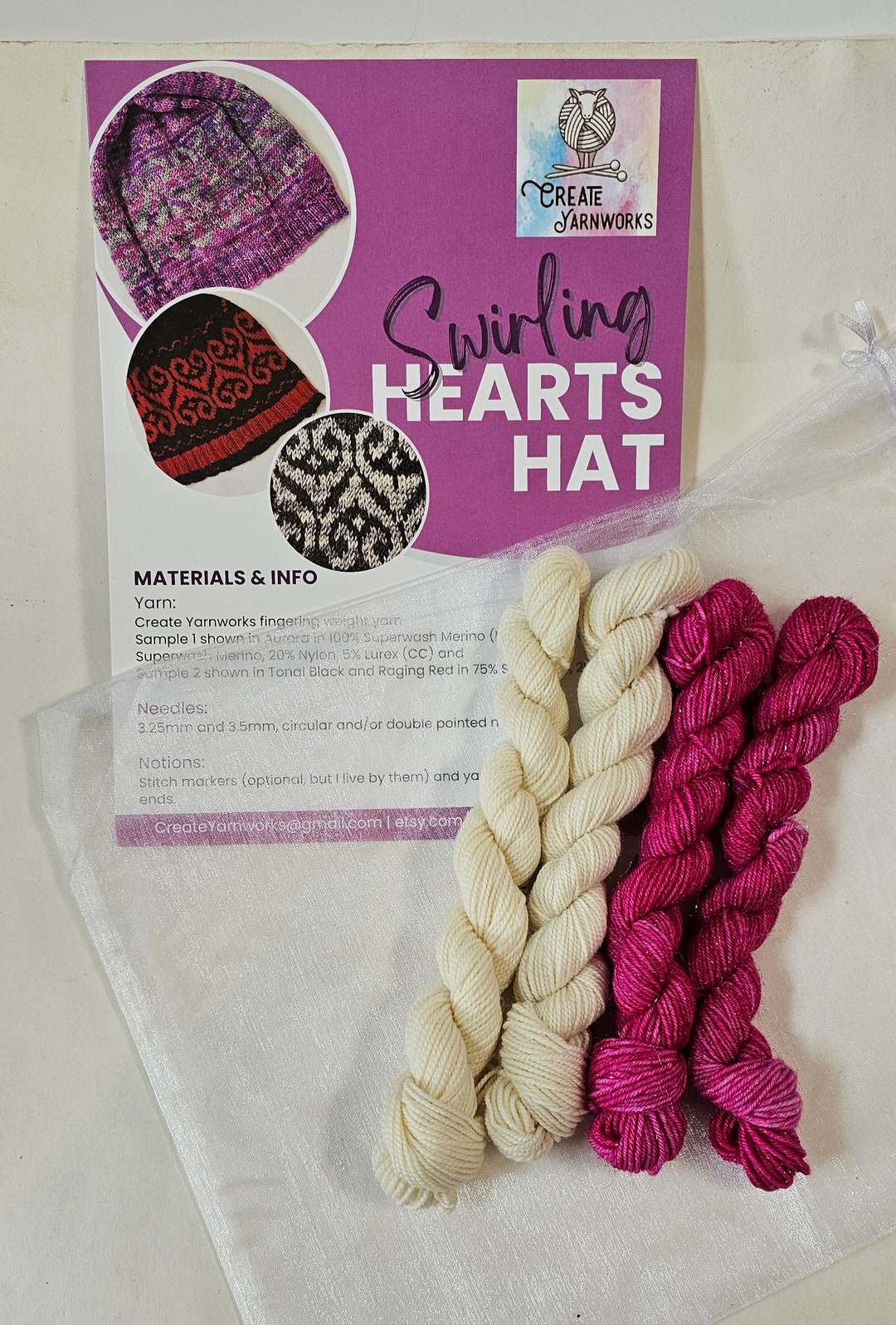 Swirling Hearts Knitted Hat Kit - Pattern and Yarn Included - Cream and ...