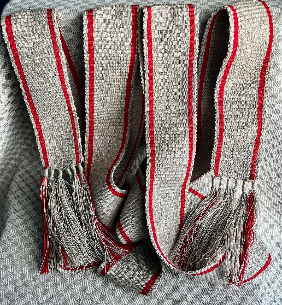 Linen Natural Belt Gray Slavic Strap Woven Red Stripes Tie Belt ...