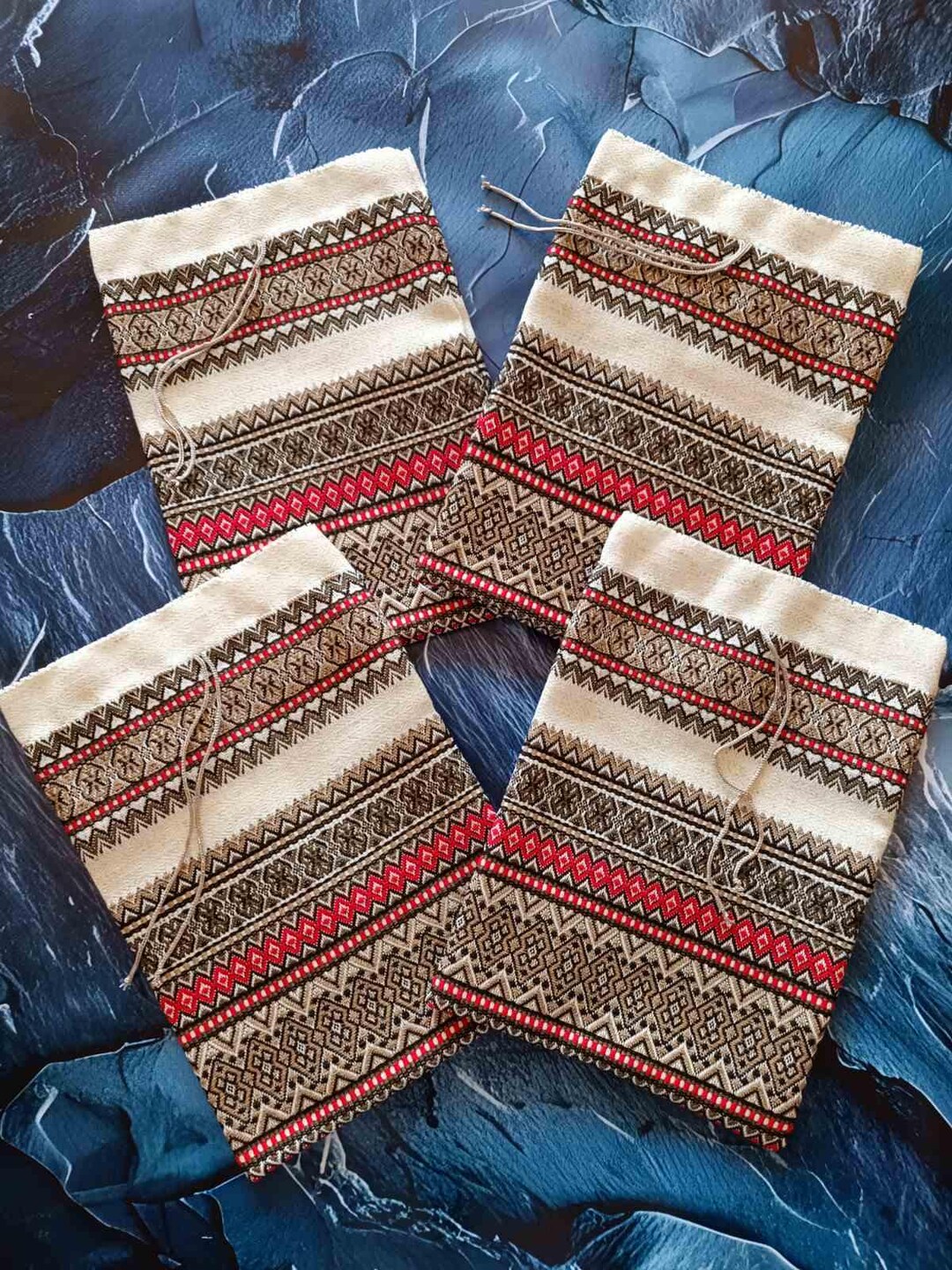 4 Gift Bags Embroidery Linen Colorful Geometric Blue Pouch Medium Size ...