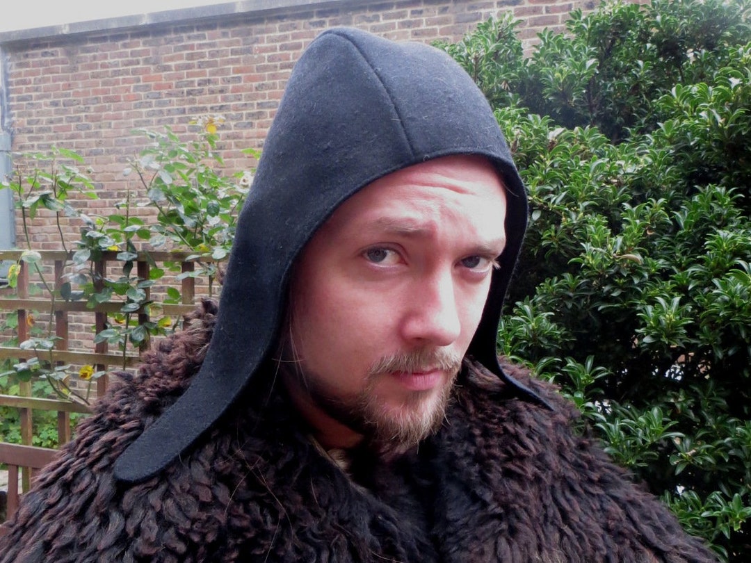 HAT Re-enactment REAL WOOL Black Lined Medieval Hat Coif Bonnet Replica ...
