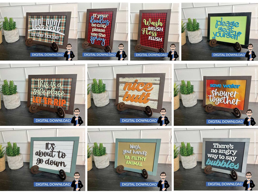 Set of 10 Bathroom-themed Signs (6"x8") With 3 Stand Options - Ai, SVG ...