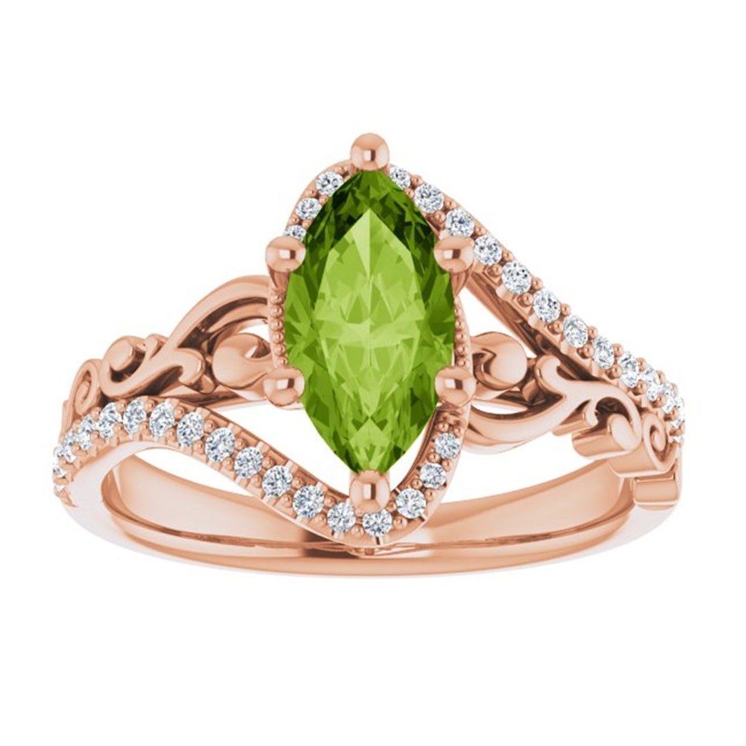 Scroll Marquise Shape Peridot Ring Rose Gold, Sculptured Peridot ...