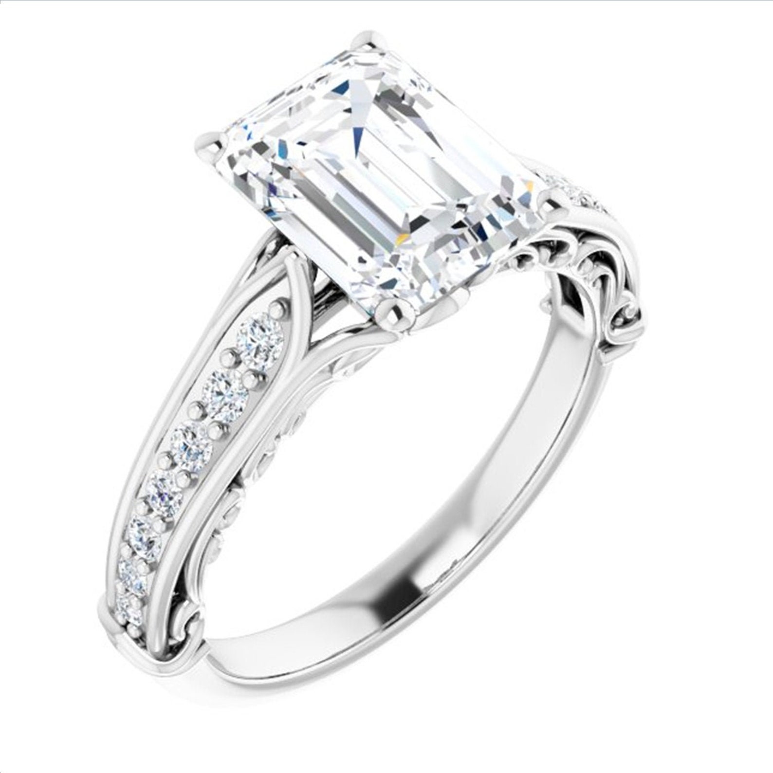 Sculptural Emerald Cut Forever One Moissanite Engagement Ring 14k White ...