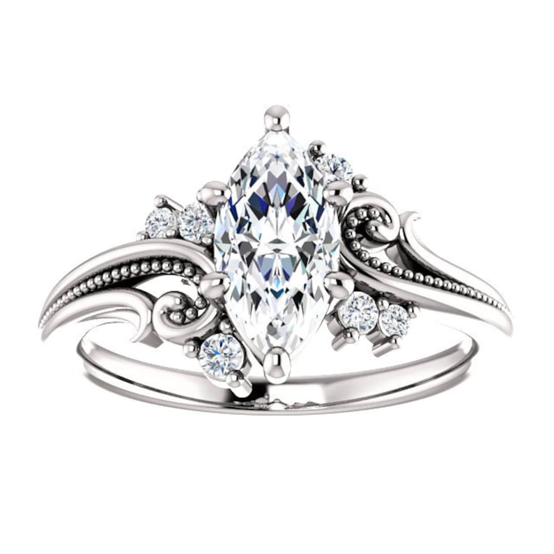 Filigree Marquise Engagement Ring 14k White Gold, Floral Marquise ...