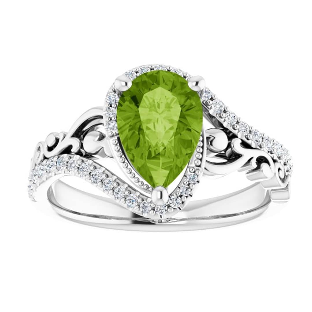 Sculptured Pear Shape Peridot Ring 14k White Gold, Scroll Tear Drop ...