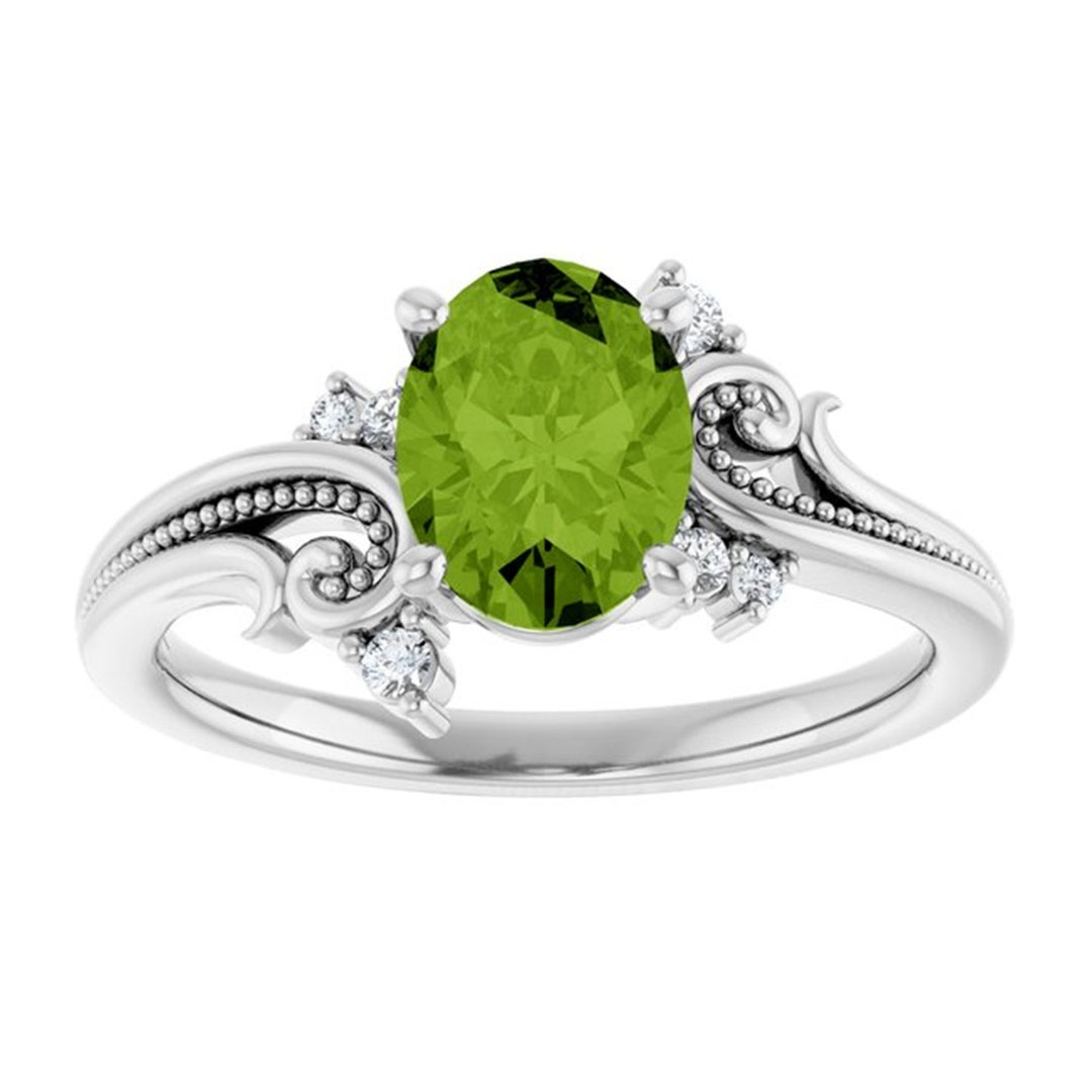 Filigree Oval Shape Peridot Ring Platinum, Floral Peridot Diamond Ring ...