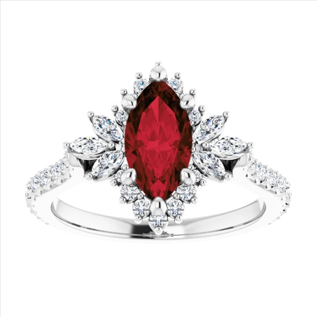 Halo Marquise Garnet Engagement Ring 14k White Gold, Flower Marquise ...