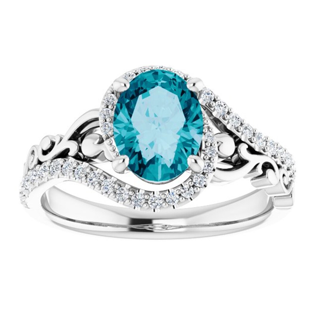 Sculptural Oval London Blue Engagement Ring 14k White Gold, Scroll Tear ...