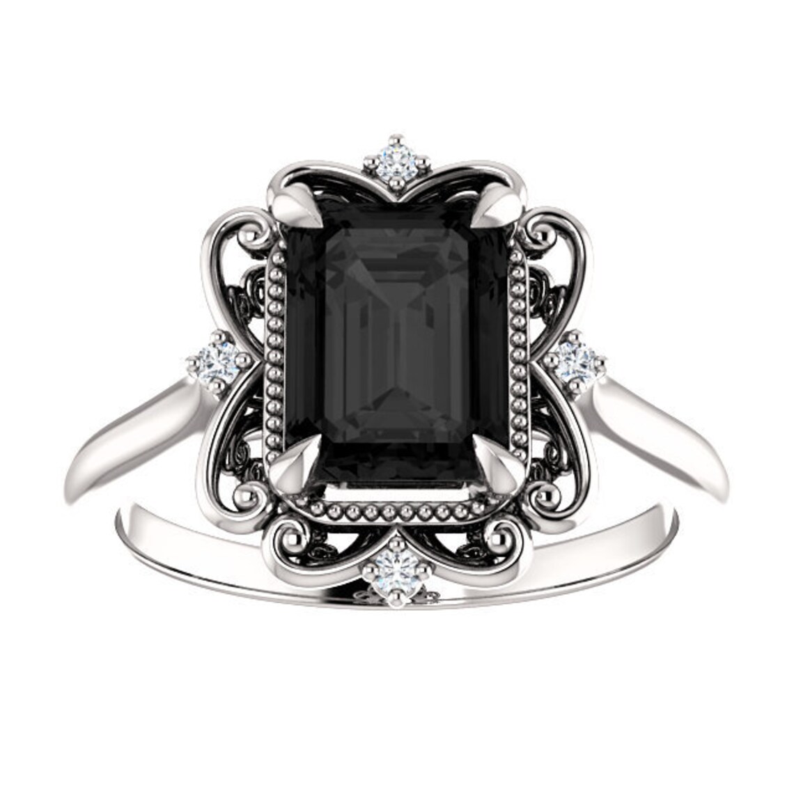 Vintage Emerald Shape Black Diamond Engagement Ring Platinum | Etsy