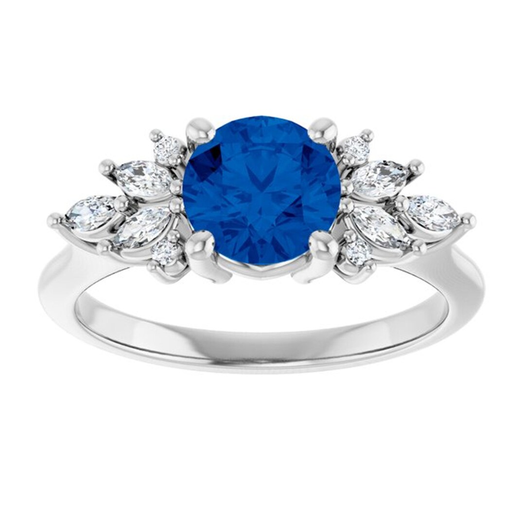 Angel Wings Blue Sapphire Engagement Ring Platinum, Round & Marquise ...