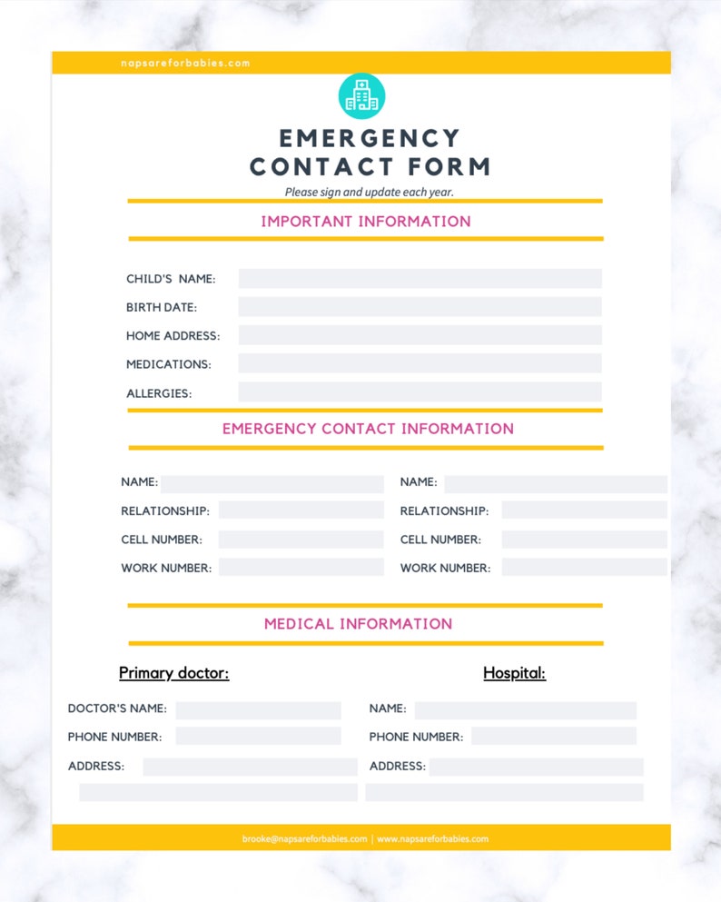 Nanny Forms EDITABLE Emergency Contact Form Babysitter Etsy
