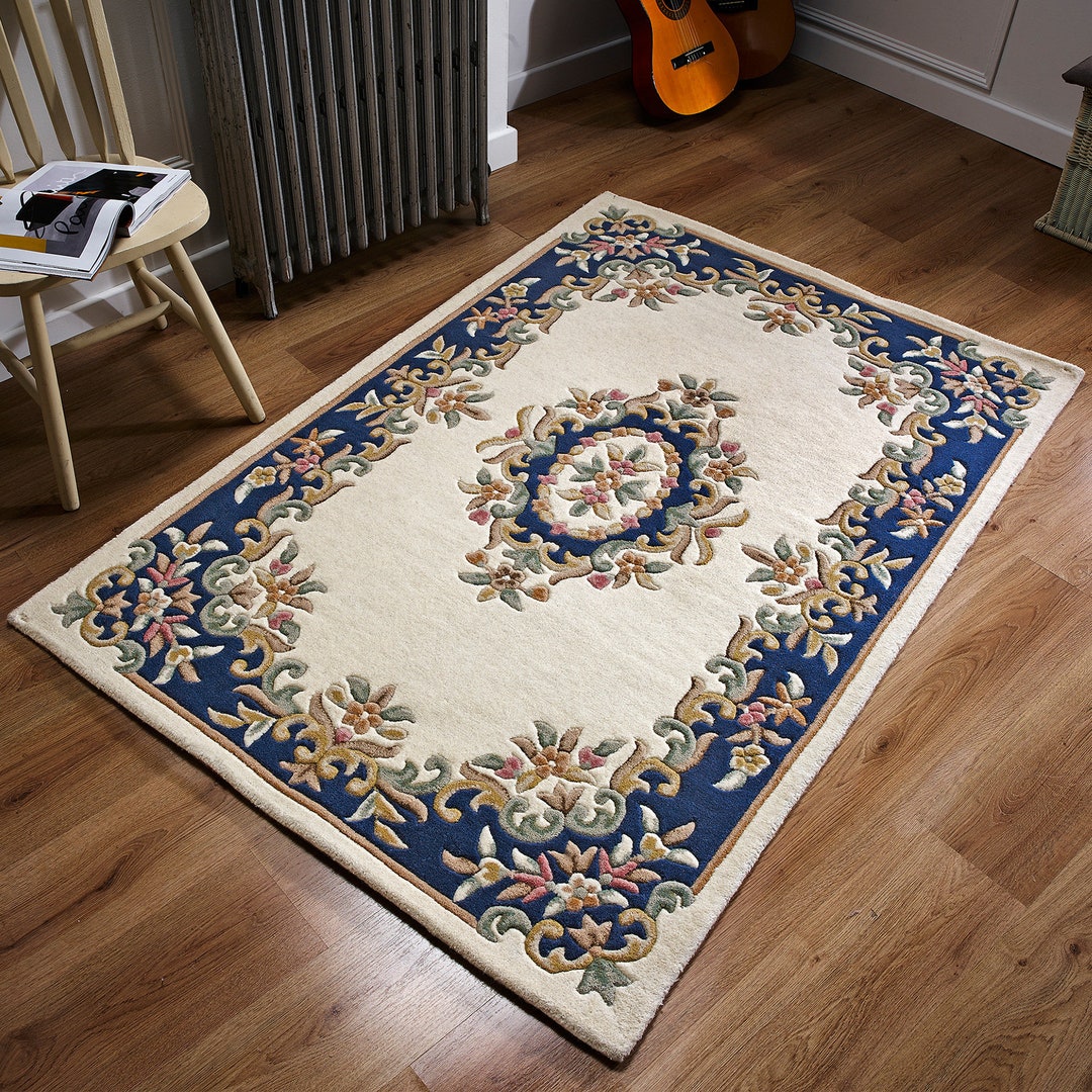 Royal Aubusson Cream/ Blue Traditional Wool Rug - Etsy UK