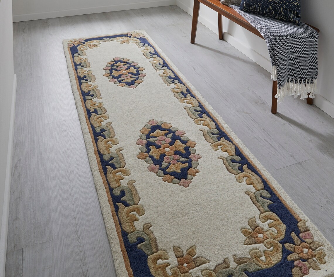 Royal Aubusson Cream/ Blue Traditional Wool Rug - Etsy UK