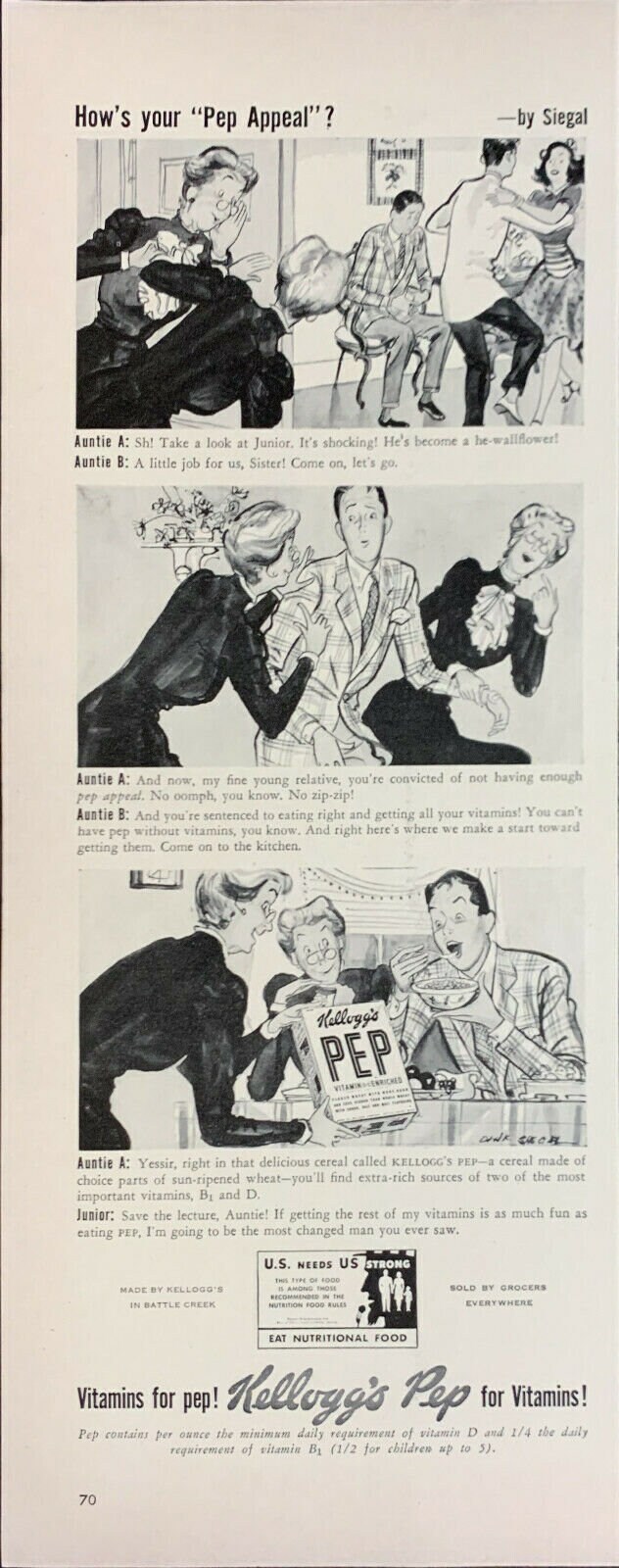 Vintage 1942 Kellogg's Pep Cereal Vitamin Enriched Print Ad ...