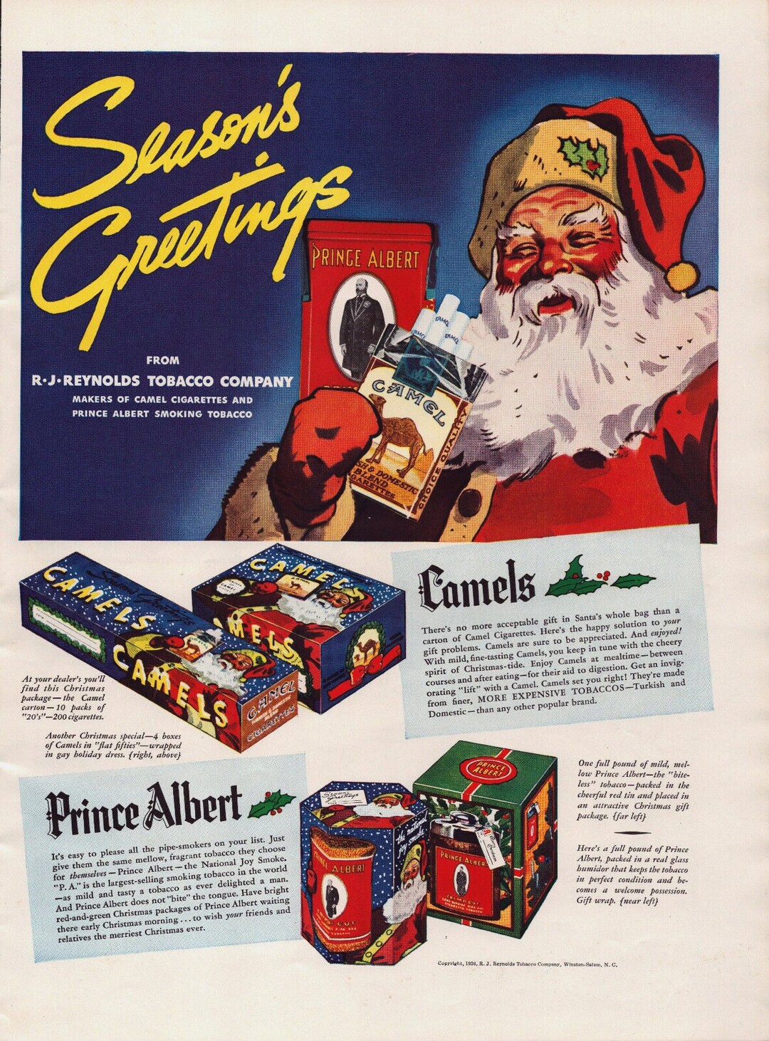 Vintage 1936 Season's Greetings From R.J. Reynolds Tobacco & Santa ...