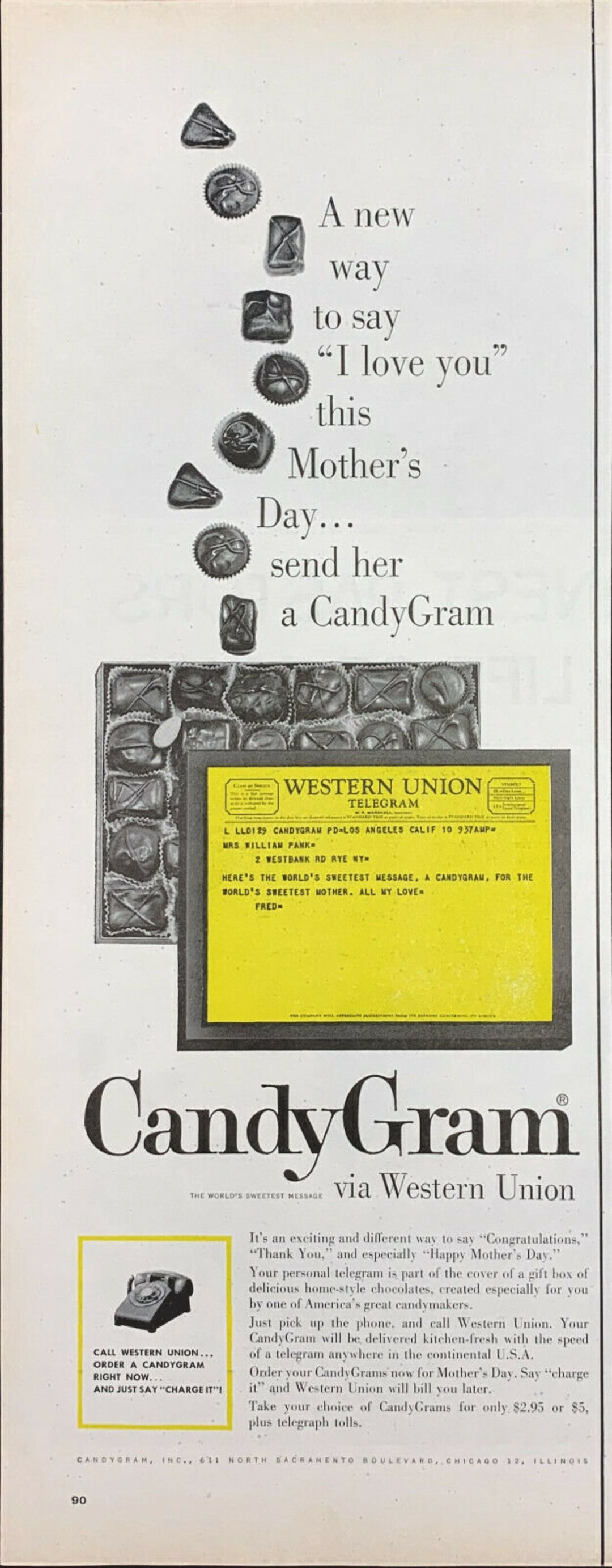 Vintage Western Union 1959 Print Ad Send Mom A Candygram for Mother's ...