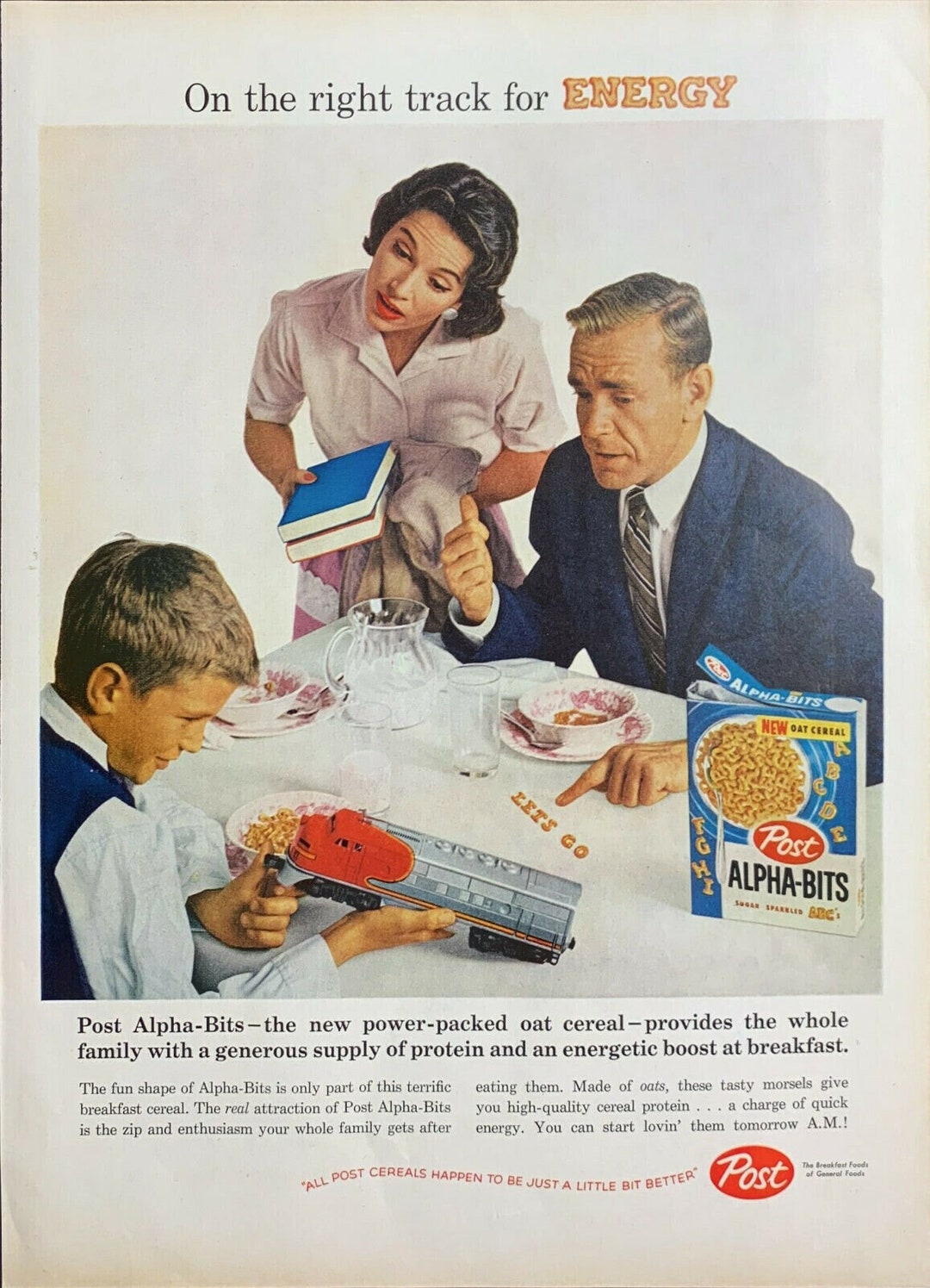 Vintage 1959 Post Alpha-bits Cereal Family at Table Boy W/ Train Print ...