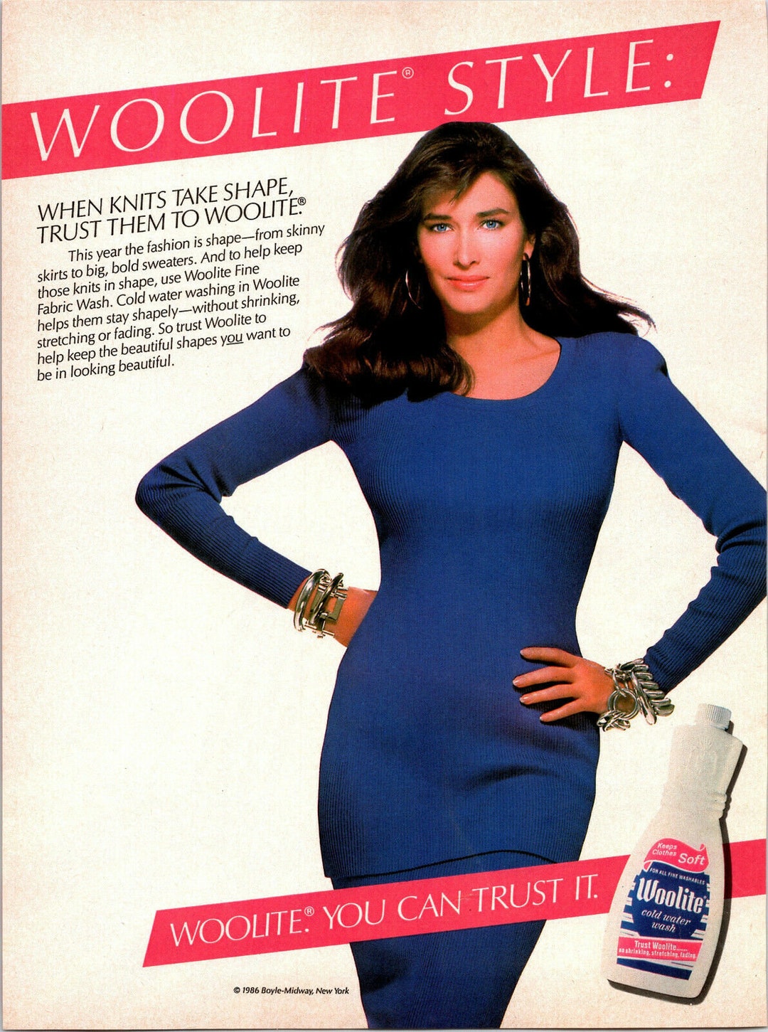 Vintage 1985 Woolite Style Woman in Blue Dress Print Ad Advertisement ...