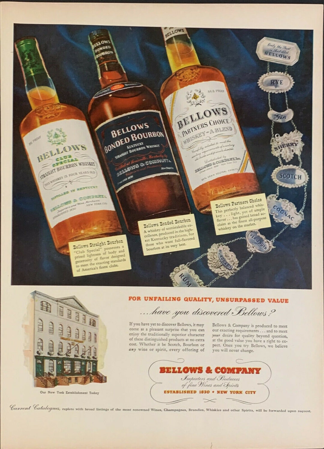 Vintage 1952 Bellows Bourbon Whiskey Three Blends Print Ad - Etsy