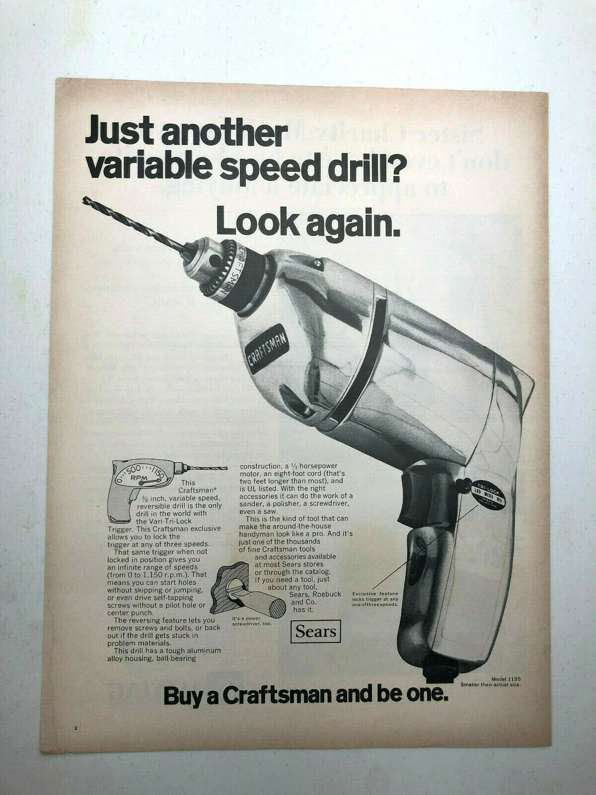 Original 1969 Craftsman 1135 Varible Speed Drill Print AD Art | Etsy