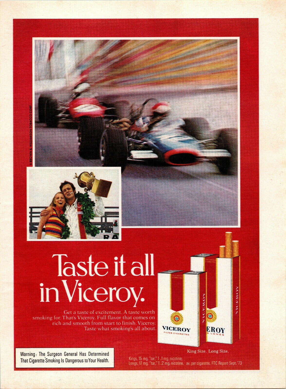 Vintage 1974 Viceroy Cigarettes Formula 1 Race Car Print Ad ...