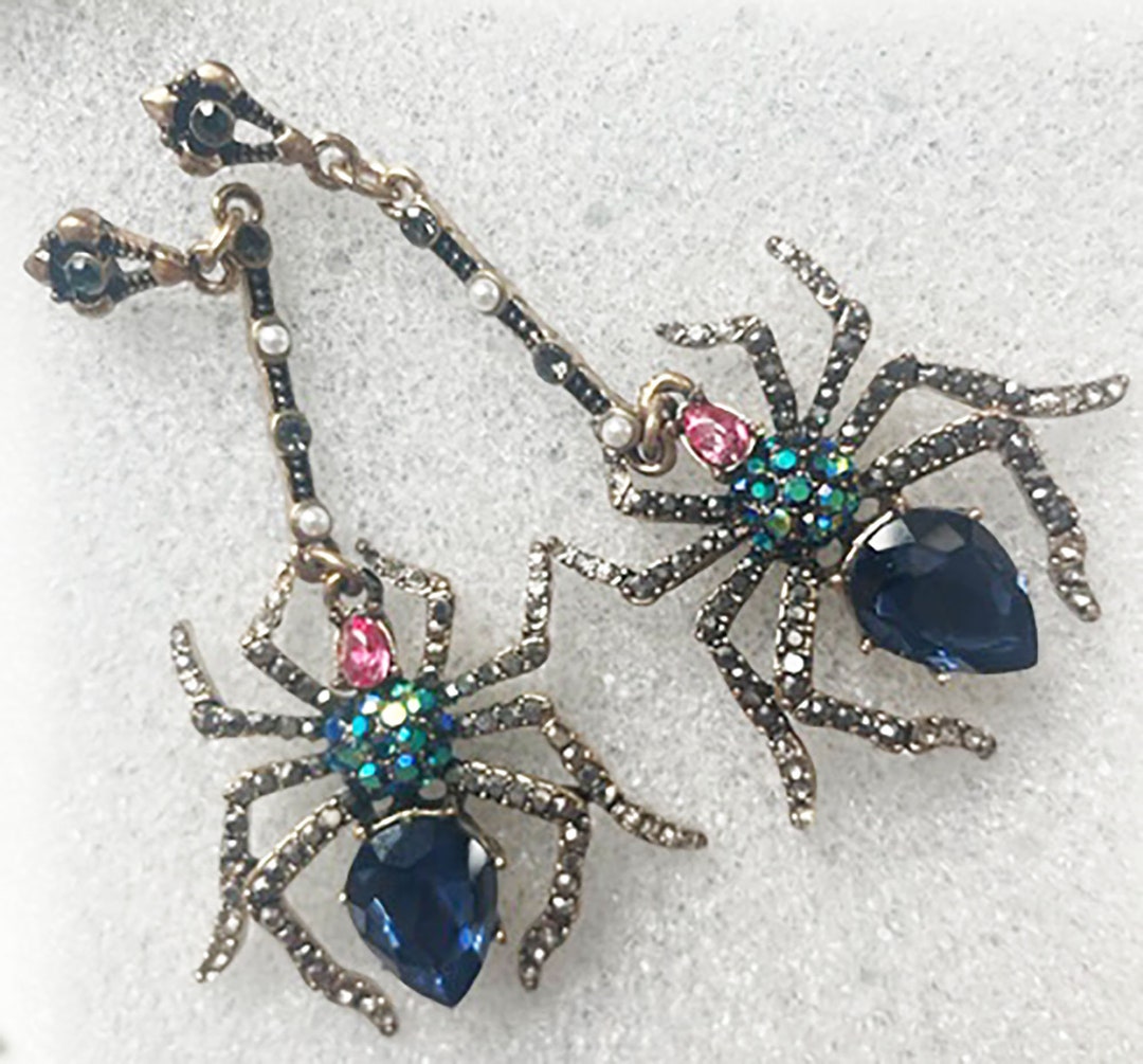 Long Crystal Spider Vintage Design Blue & Pink Jewel - Etsy