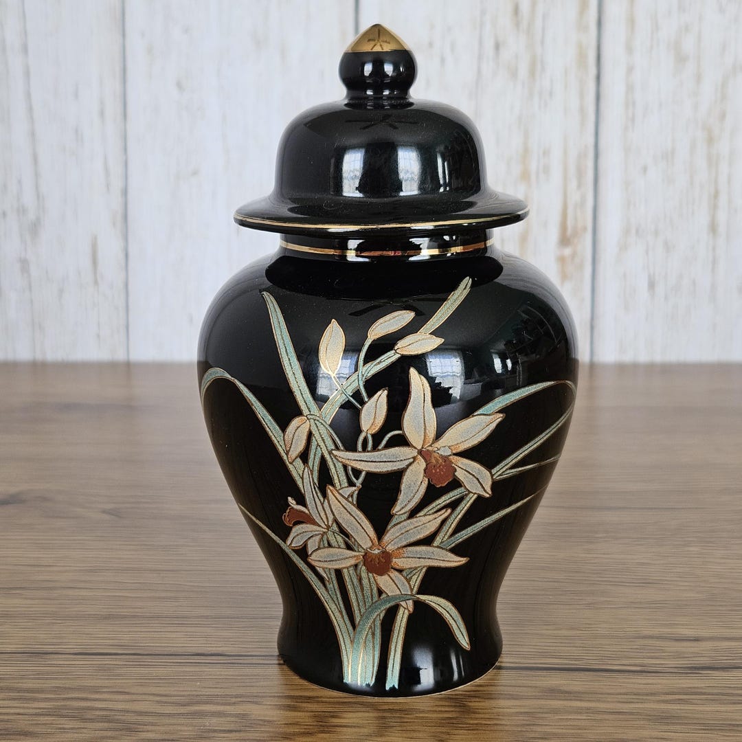 Andrea Sadek Black Ginger Jar Japanese Narcissus Floral Gold - Etsy