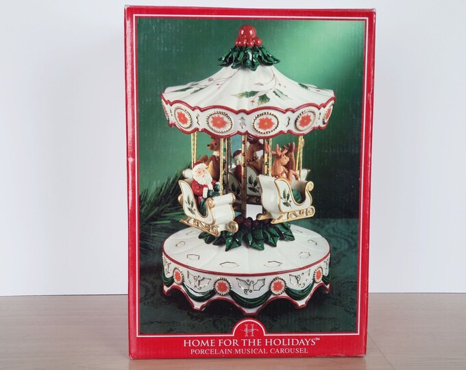 Large Porcelain Santa Reindeer Christmas Carousel, Musical Decoration ...